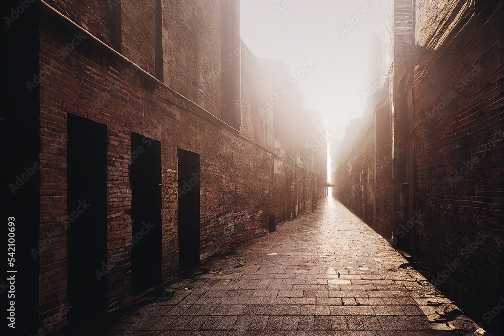 3D rendered computer-generated image of an empty alleyway in the winter ...