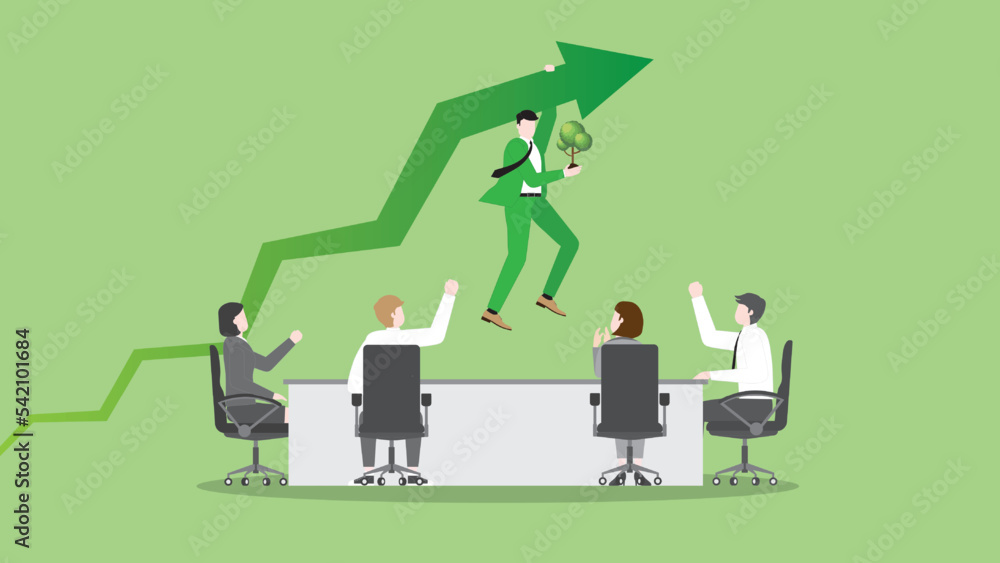 A businessman hangs a rise green arrow with a tree at a teamwork ...