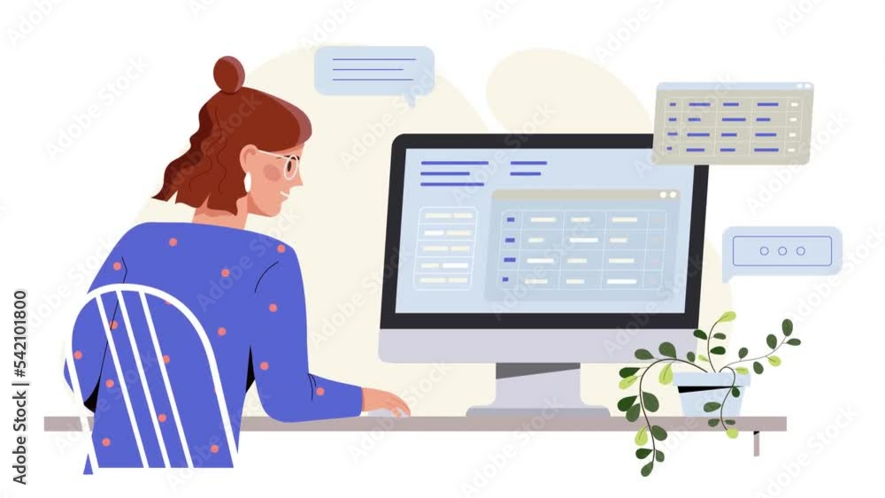 Working with big data video concept. Young moving woman programmer ...