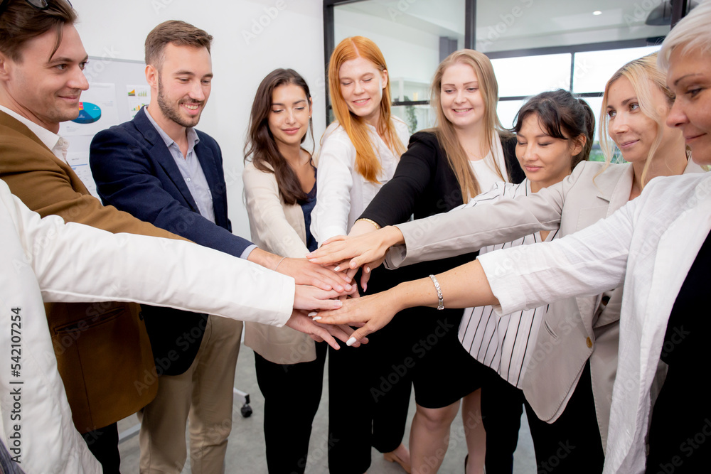 Group of business team harmonious with man and woman joining hands ...