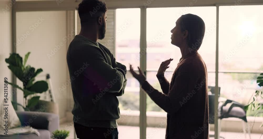 Divorce, man and woman argument, fight, stress and verbal abuse for ...