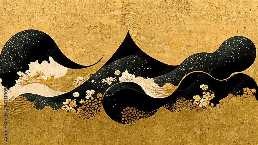 Black and gold graphics. Traditional Japanese style graphics, ukiyoe ...