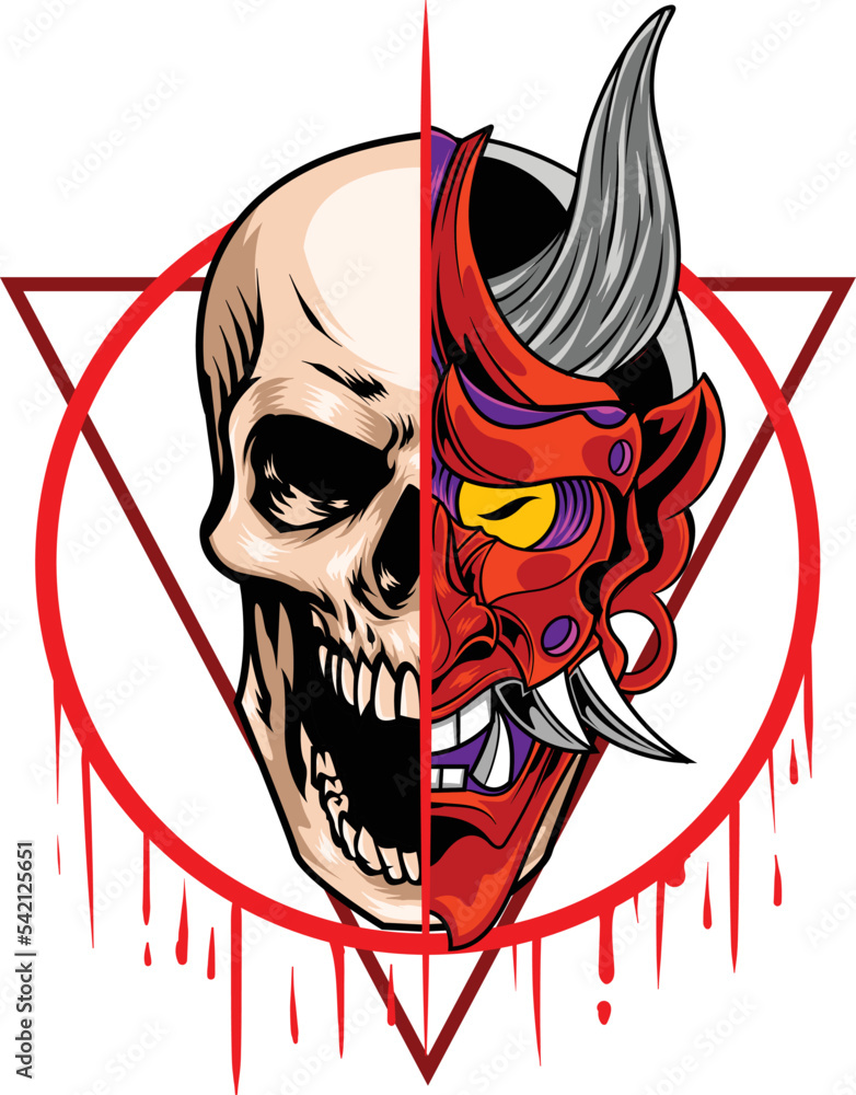 Vector illustration of oni mask and skull with japanese style drawing ...