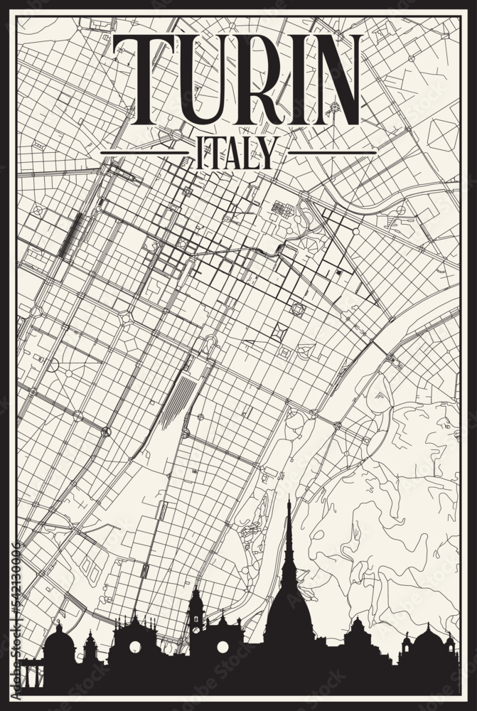 White vintage hand-drawn printout streets network map of the downtown ...