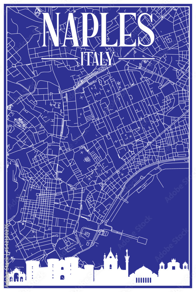 Blue vintage hand-drawn printout streets network map of the downtown ...