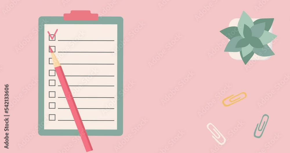 Checklist document with animated check marks ,4k video animated on pink ...