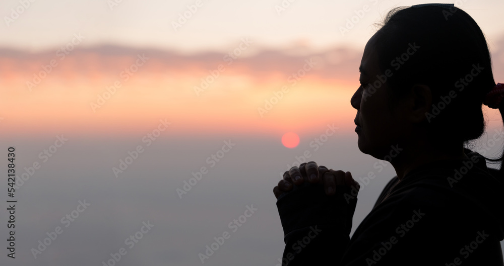 Silhouette of woman hand praying spirituality and religion, female ...
