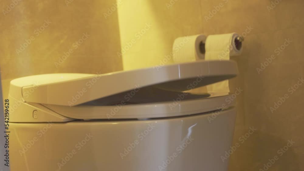Automatic opening and closing the toilet. White toilet bowl with modern ...