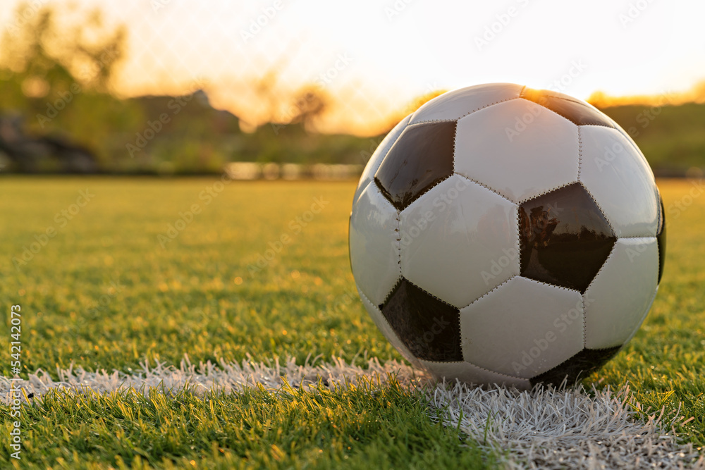 Athlete standing with ball on football field during sunrise, soccer ...