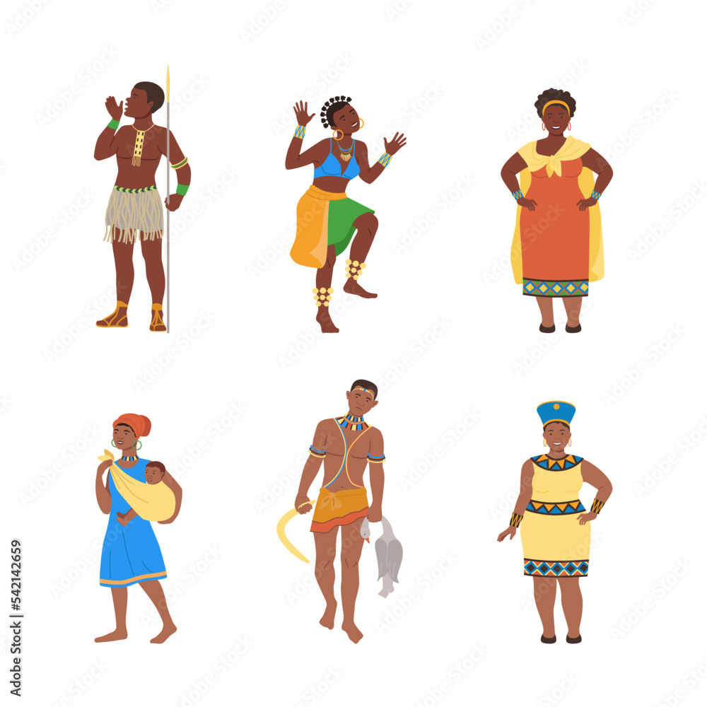 Native black skinned people in traditional clothing set. Aboriginal men ...