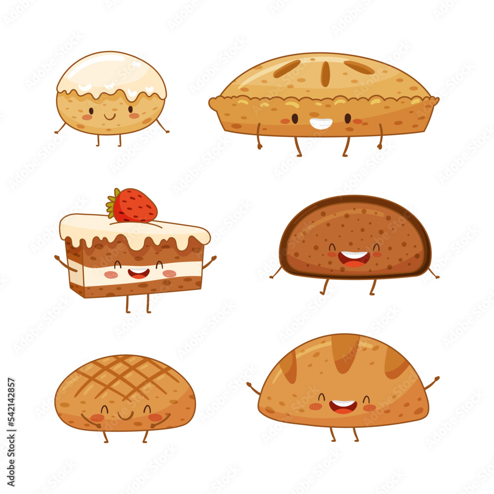 Funny bakery characters set. Bun, pie, cake, bread, loaf cartoon vector ...