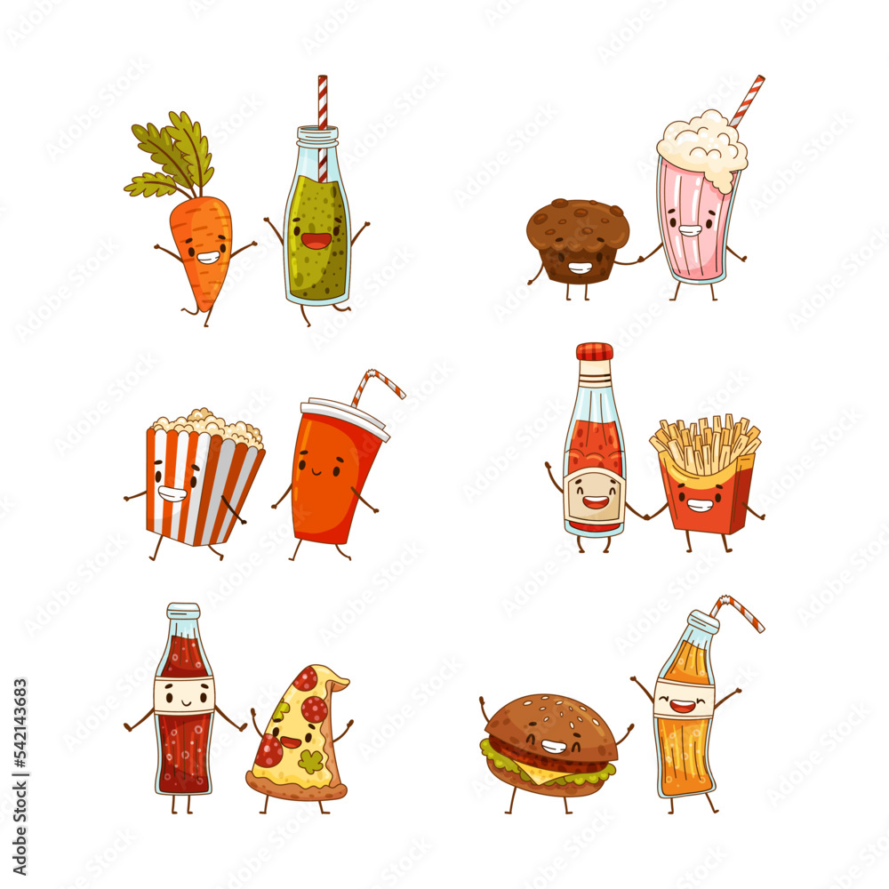 Best friends best food characters set. Happy meal and drinks holding ...