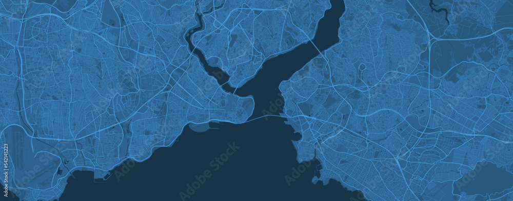 Detailed map poster of Istanbul city, linear print map. Blue skyline ...