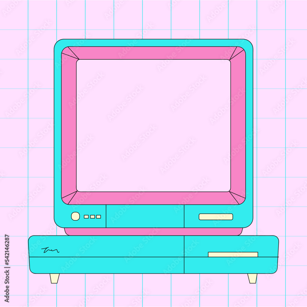 Retrowave y2k pc. An old computer with a CRT monitor on a grid ...