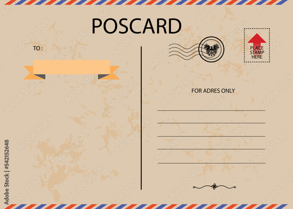Postcard template. Paper blank postal card backside with stamp and ...