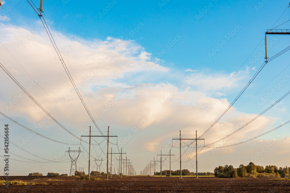two high-voltage power lines coming from the nuclear power plant Stock ...