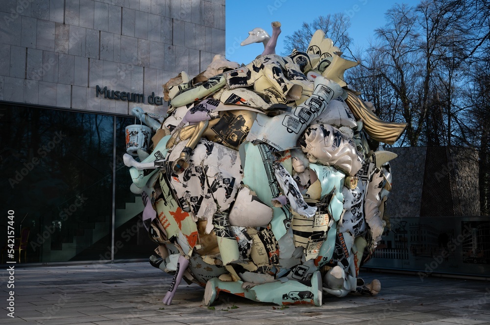 Trash art sculpture outside of Museum der Moderne Stock Photo | Adobe Stock