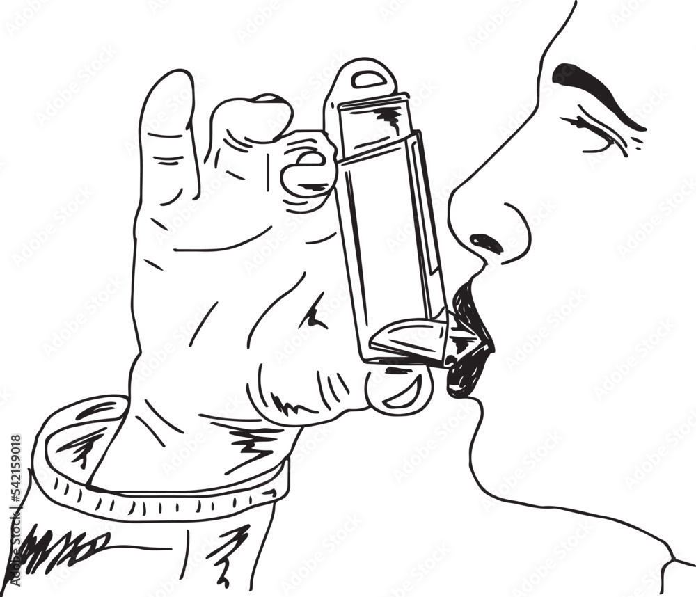 Vetor de Man holding a breath inhaler, outline vector illustration of a ...