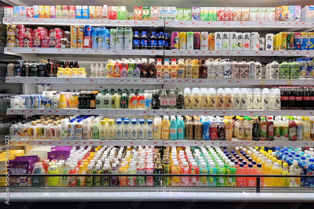PENANG, MALAYSIA - 5 OCT 2022: Huge open fridge with various choice of ...