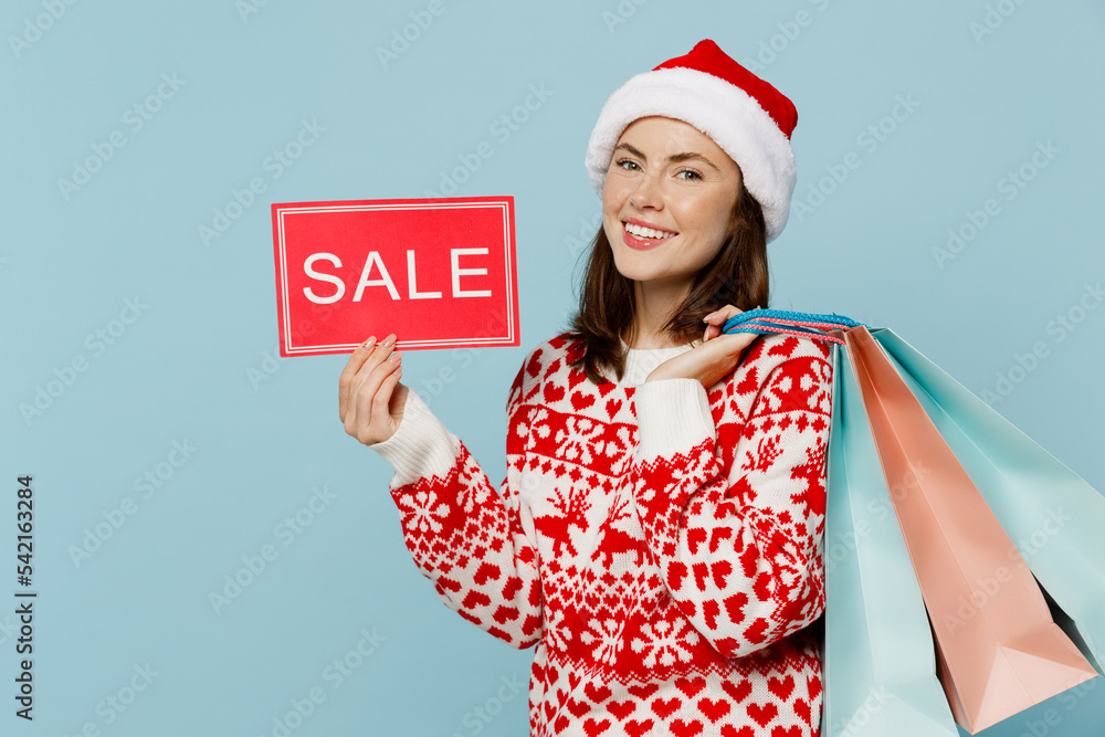 Young merry woman in red sweater Santa hat posing hold shopping ...
