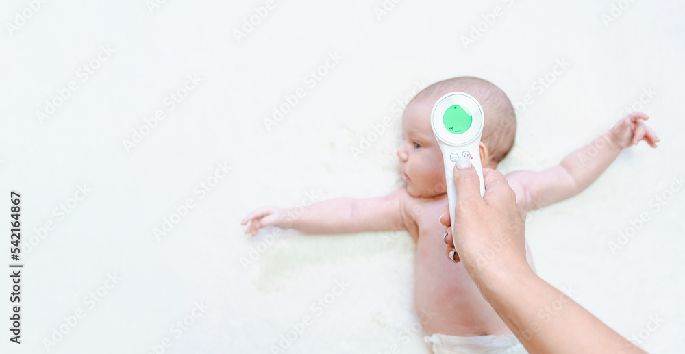 Thermometer child fever banner. Doctor check cold flu baby temperature ...