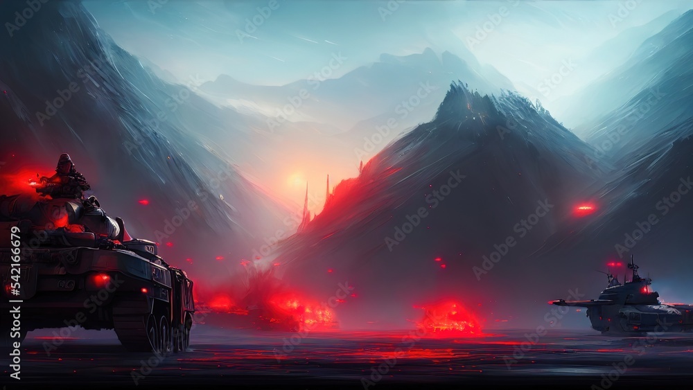 War of the future, the battlefield. Soldiers and equipment are fighting ...
