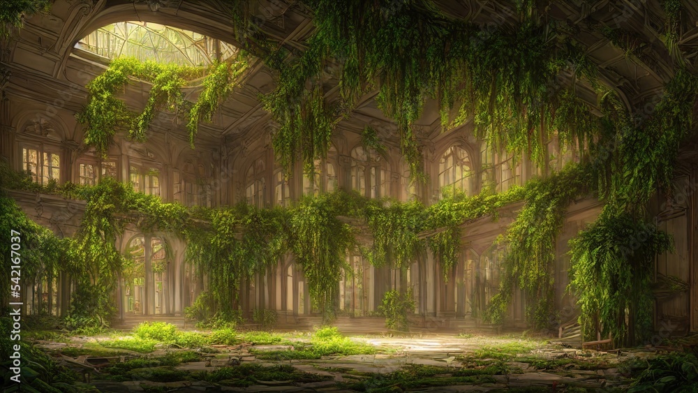 Abandoned palace castle overgrown with vegetation, ivy and vines. Empty ...