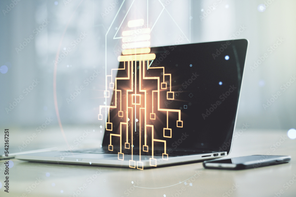 Creative Light Bulb Illustration With Microcircuit On Modern Computer Background Future