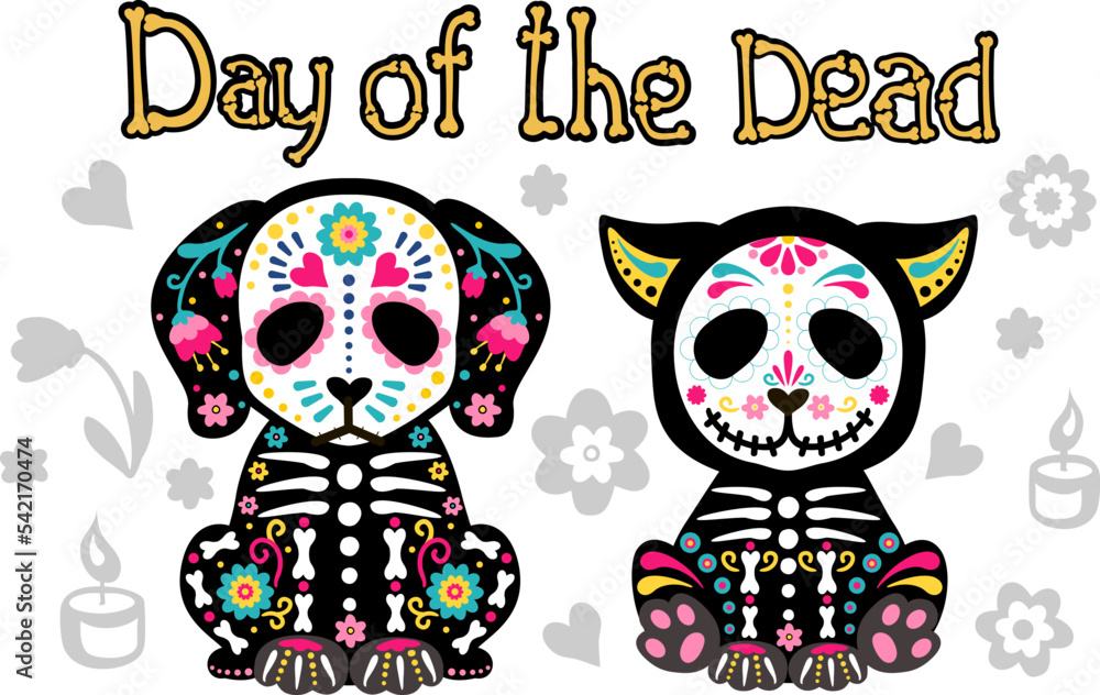 Day of the dead, Dia de los muertos. Cute dog and cat skulls and ...