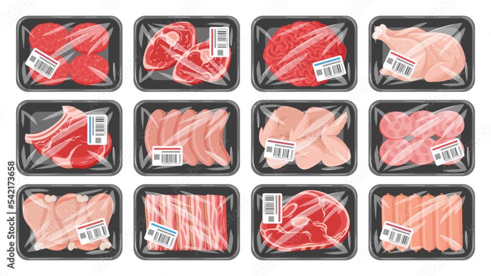 Cartoon frozen meat product in vacuum plastic packaging. Raw beef steak ...