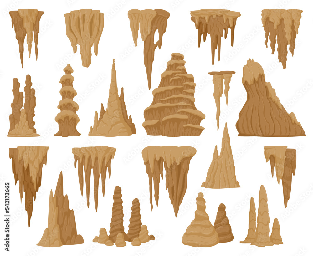 Cartoon stalactites and stalagmites, cave limestone rocks. Natural ...