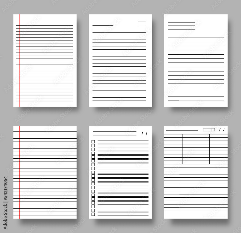 Notebook A4 blank grid square cell lined paper sheet set for school notepad. Realistic workbook ...