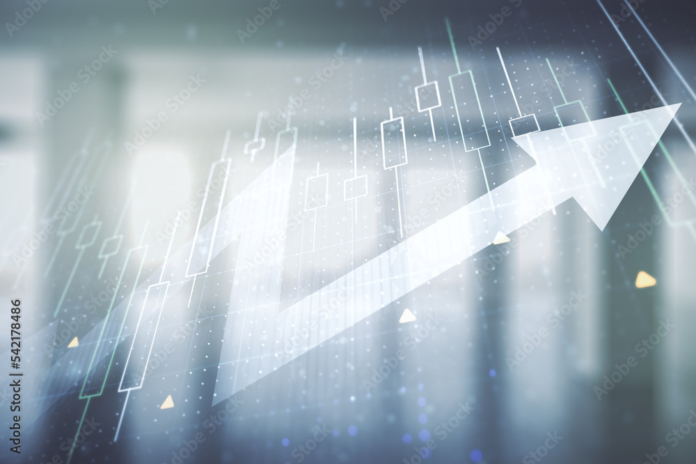 Abstract creative financial diagram and upward arrow hologram on empty ...