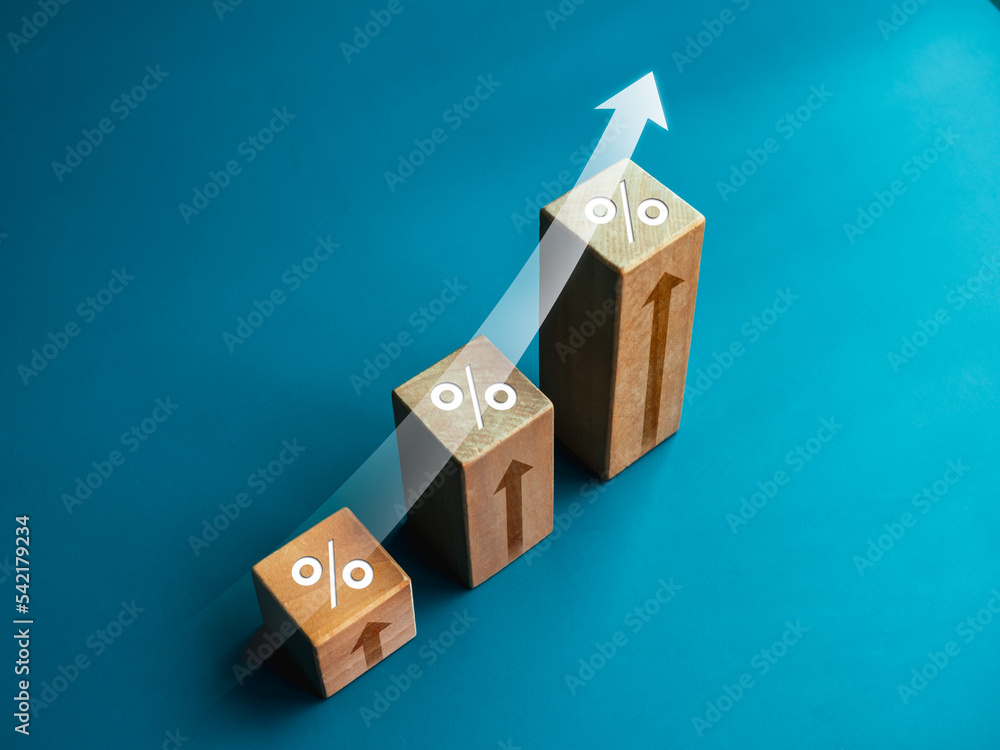Shining rise up arrow with percentage icon on wooden blocks, 3d bar ...