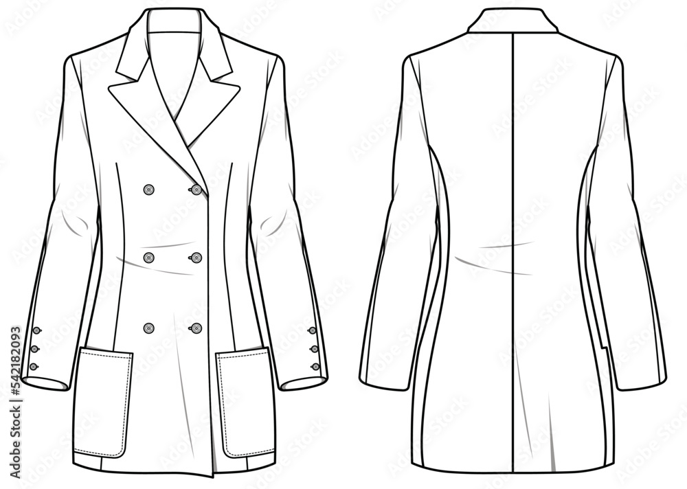 Women's Notch lapel blazer flat sketch fashion illustration front and back view, Work wear coat ...