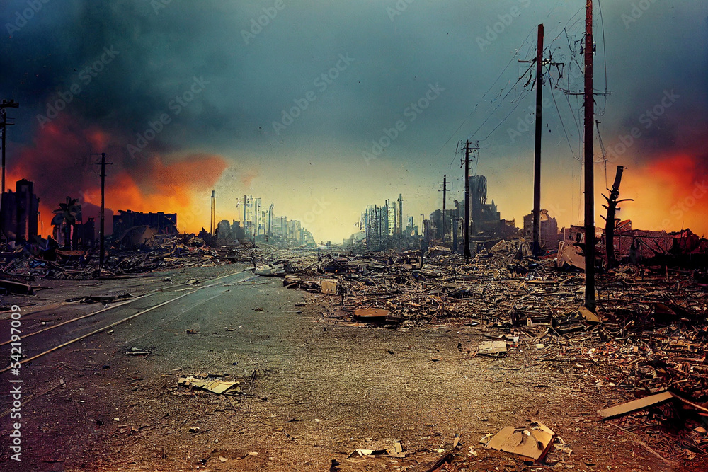 Concept art illustration of city destroyed by nuclear strike ilustração ...