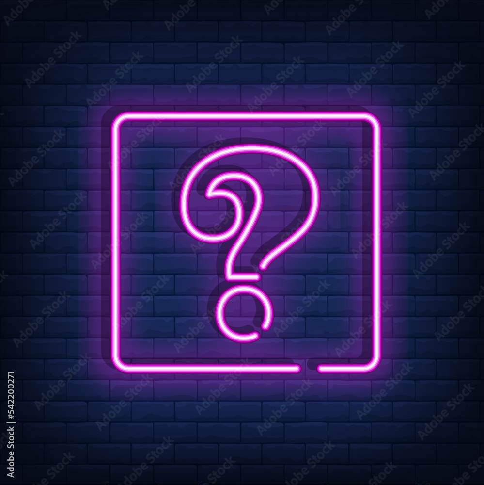 Neon glowing question mark. Quiz neon banner. Color neon frame on brick ...