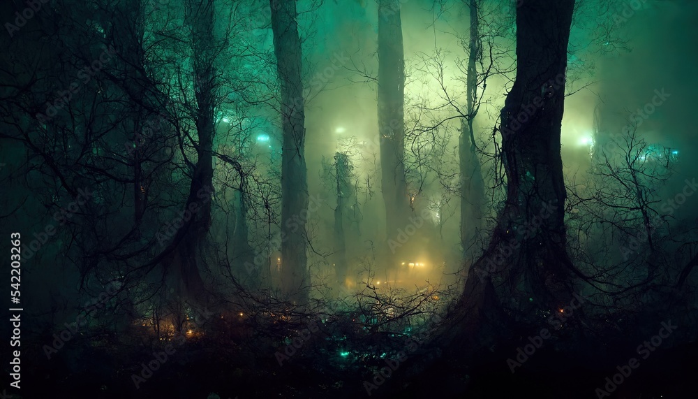 Dark scary forest cursed by witch spell spectacular 3D illustration for ...