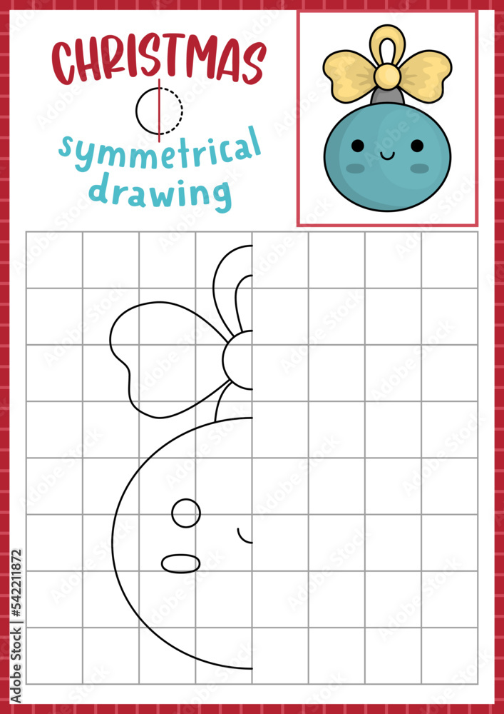 Vetor de Christmas symmetrical drawing worksheet. Complete colored ball ...