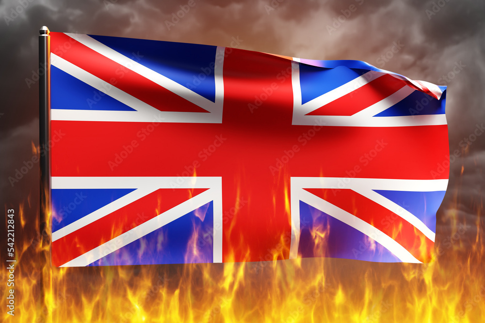 England crisis. Symbol of Great Britain is on fire. Flag of united ...