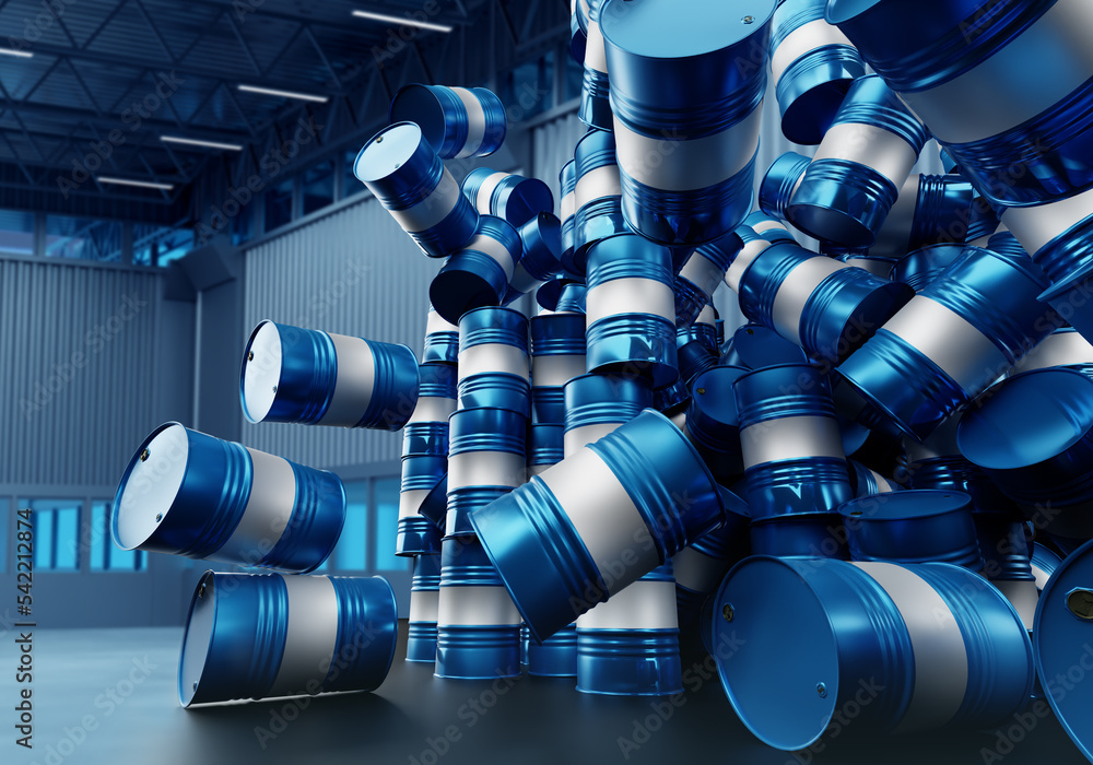 Crisis of chemical industry. Oil barrels inside hangar. Cask for ...