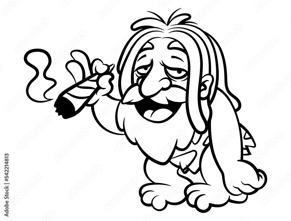 Cartoon illustration of Caveman with dreadlocks hairstyle, wearing sabertooth skin outfit and ...