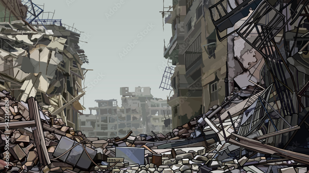 drawn destroyed city buildings in rubble and ruins Stock Vector | Adobe ...