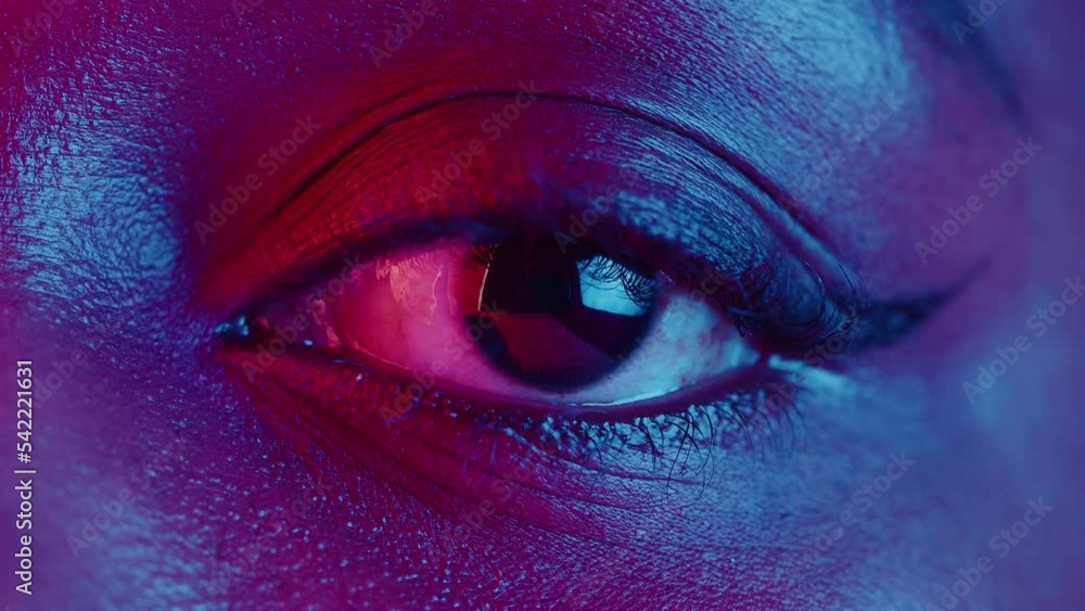 Native African American woman eye, half-face portrait in neon light ...