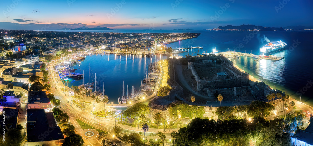Port of Kos. Kos Island, Greece. Panoramic, early evening aerial view ...