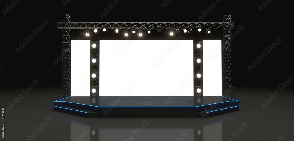 3d render event stage with blank screen, 3d stage mockup. Stock ...