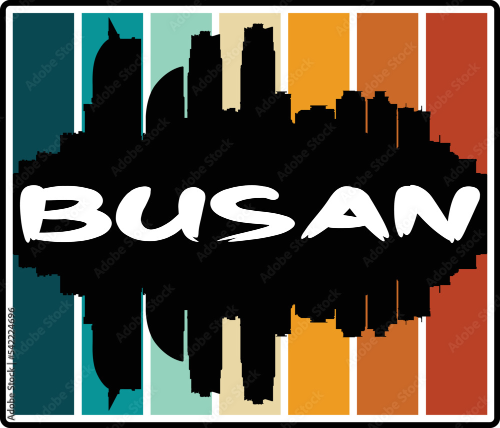 Vetor de Busan South Korea Skyline Sunset Travel Souvenir Sticker Logo ...