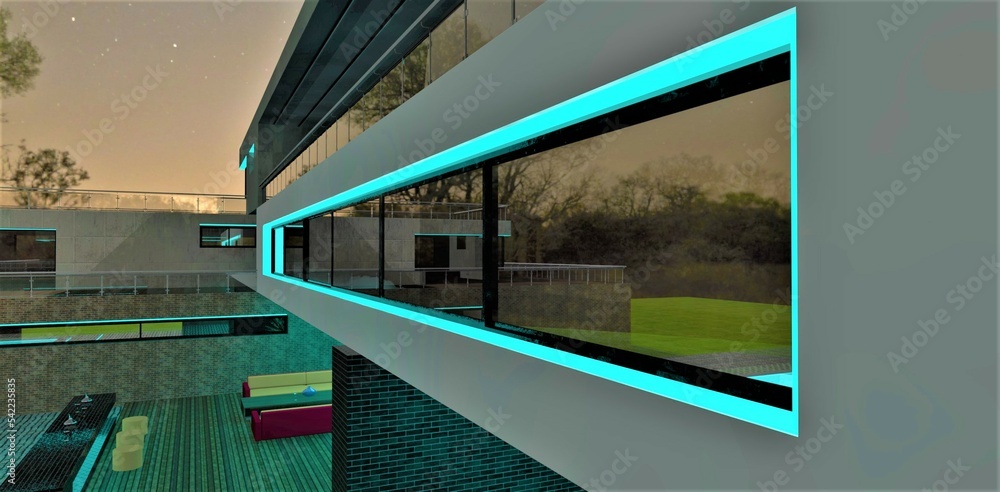 The design of an exclusive long window with turquoise lighting around ...