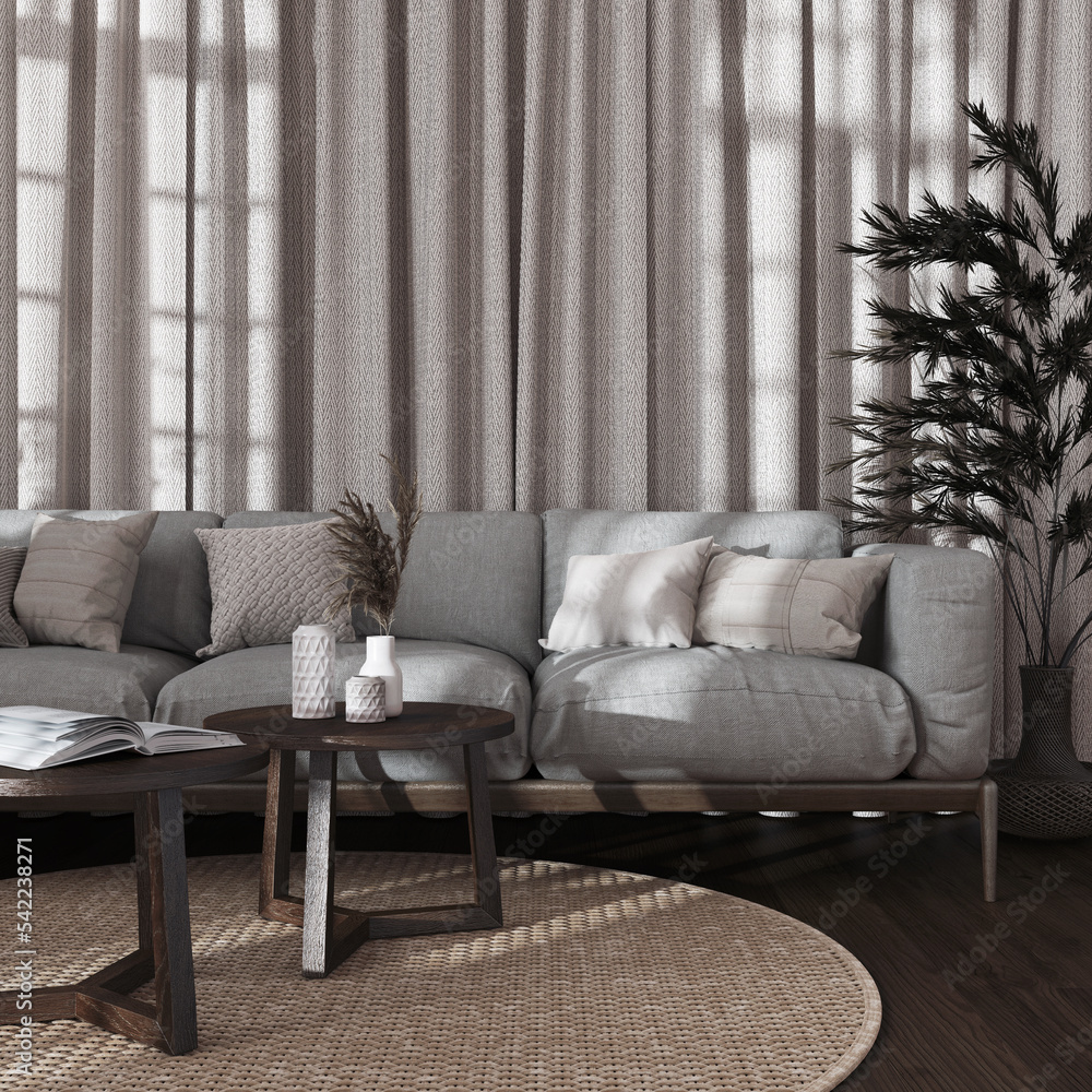 Japandi living room in wooden and dark tones, close-up. Fabric sofa ...