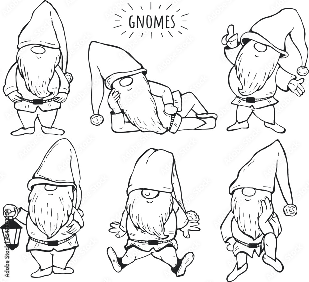 gnomes set vector. gnomes in different poses sketch. collection of ...